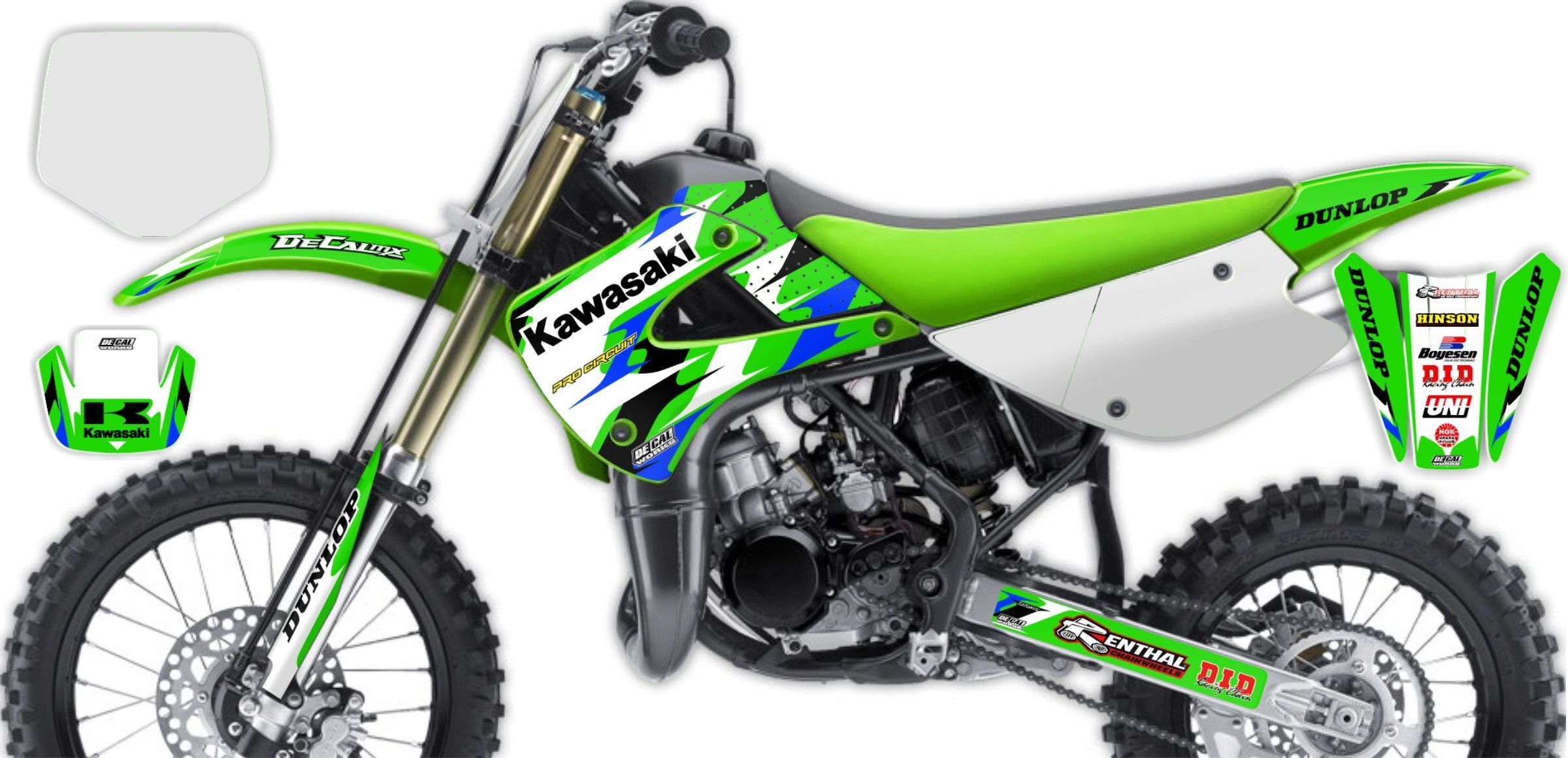 Kawasaki KX85 Green/White T-6 Number Plate Graphics Kit with Airbox